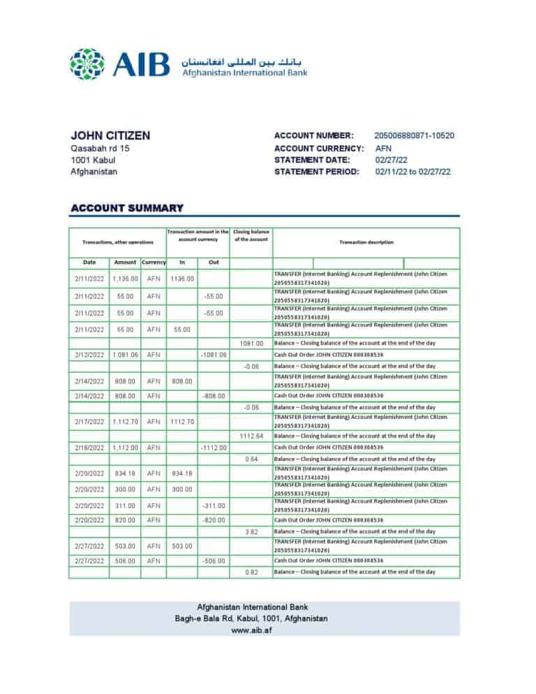 Afghanistan International Bank (AIB) Bank Statement Template In Excel ...