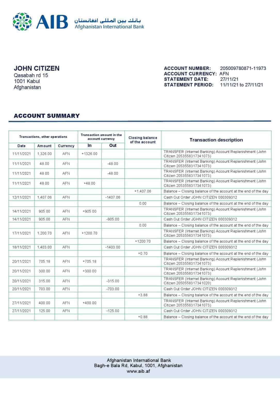 Afghanistan International Bank (AIB) Bank Statement Template In Word ...