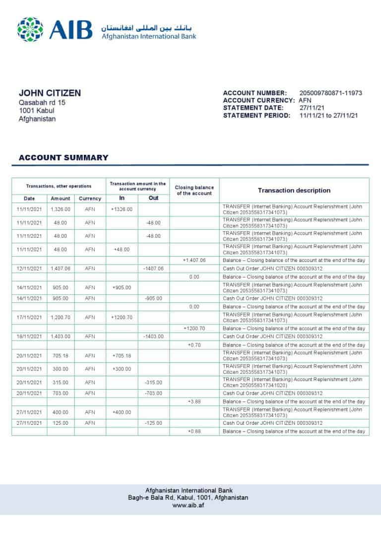 Afghanistan International Bank (AIB) Bank Statement Template In Word And PDF Format