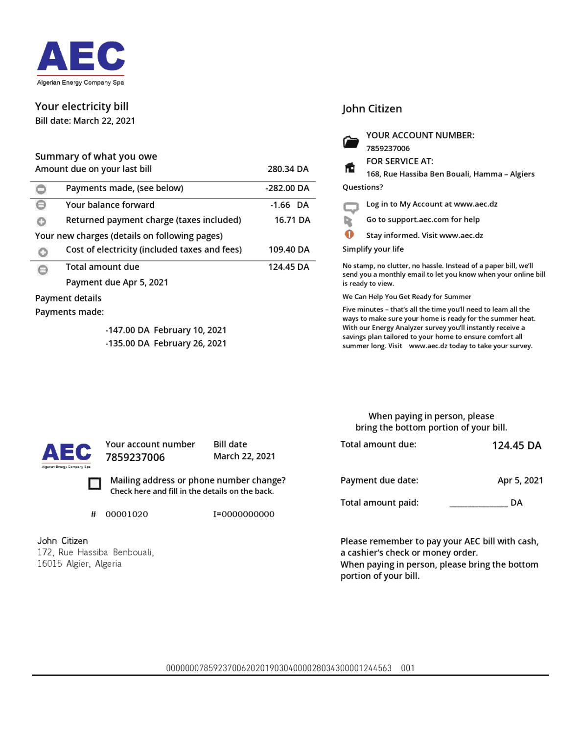Algeria AEC Energy Company Utility Bill Template
