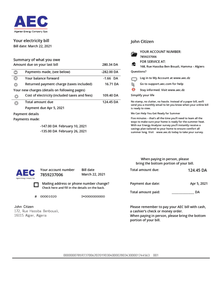 Algeria AEC Energy Company Utility Bill Template