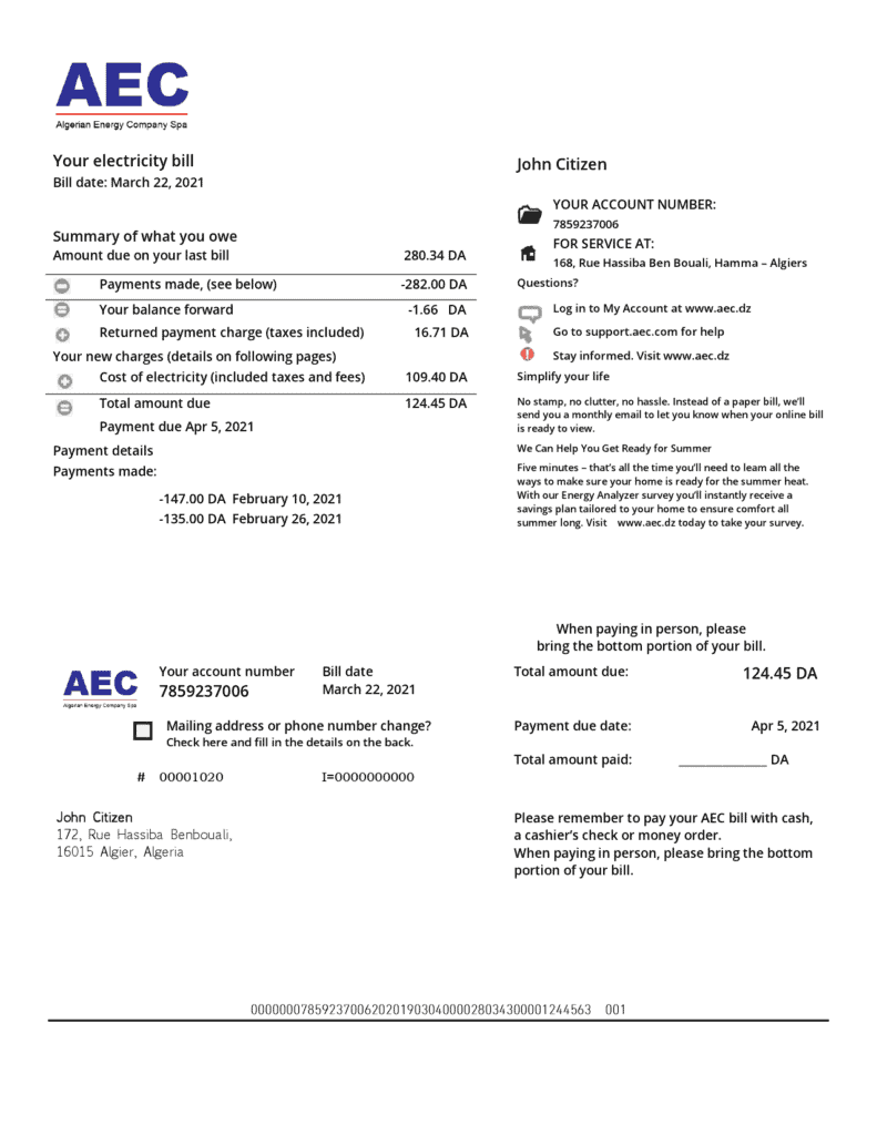 Algeria AEC Energy Company Utility Bill Template
