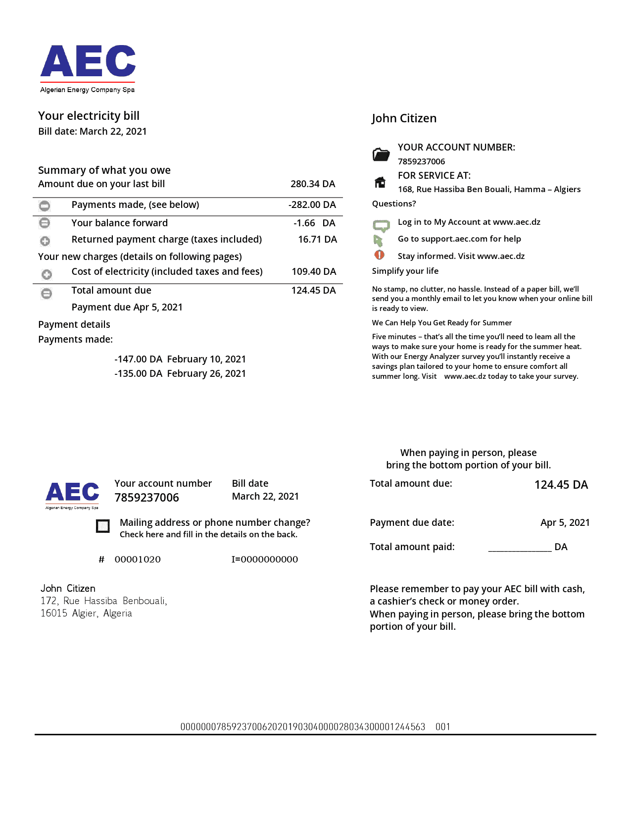 Algeria AEC Energy Company Utility Bill Template