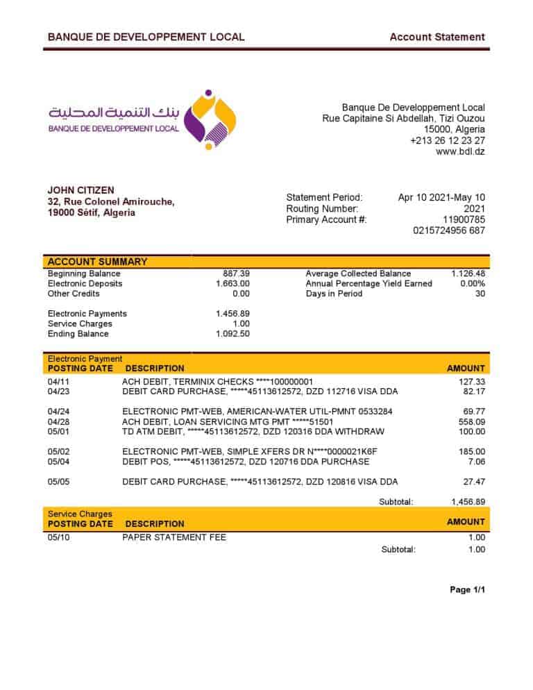 Algeria Banque De Developpement Local (BDL) Bank Account Statement ...
