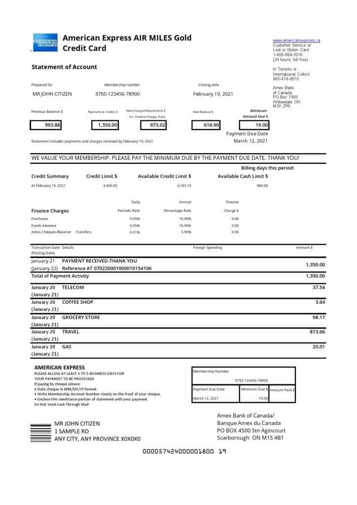 Canada American Express Air Miles Credit Card Account Statement ...