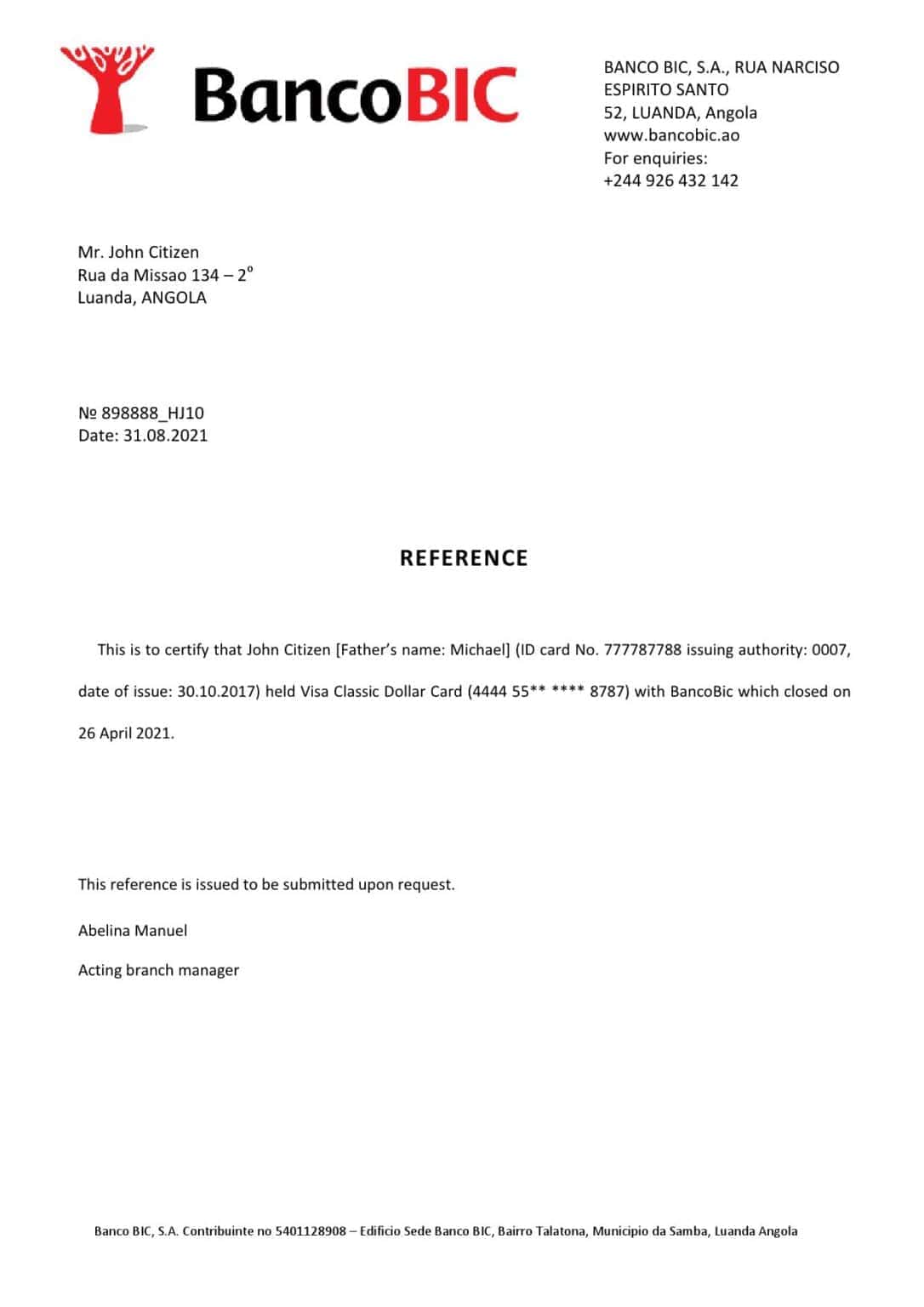 Download Angola Banco BIC Bank Reference Letter Templates | Editable Word