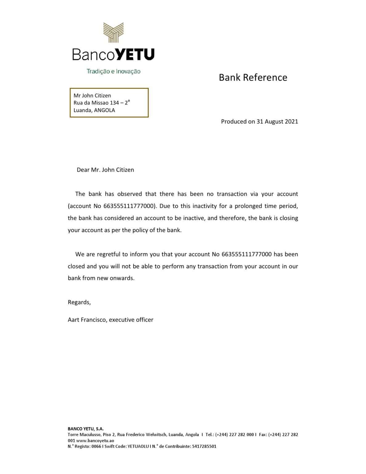 Download Angola Banco Yetu Bank Reference Letter Templates | Editable Word