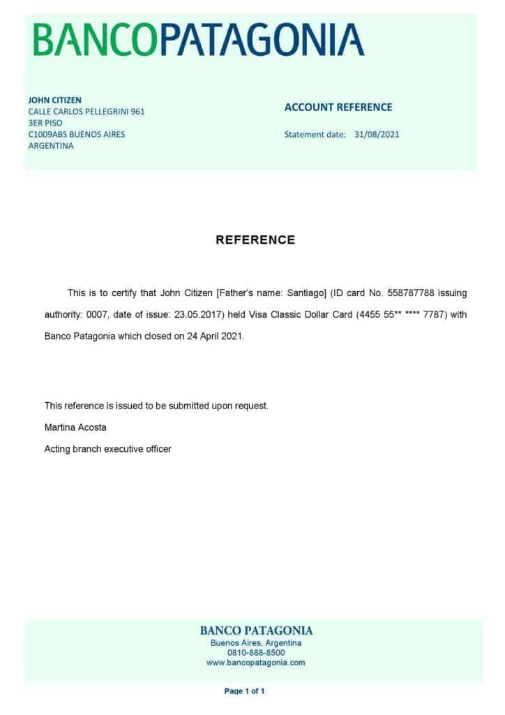Download Argentina Banco Patagonia Bank Reference Letter Templates ...
