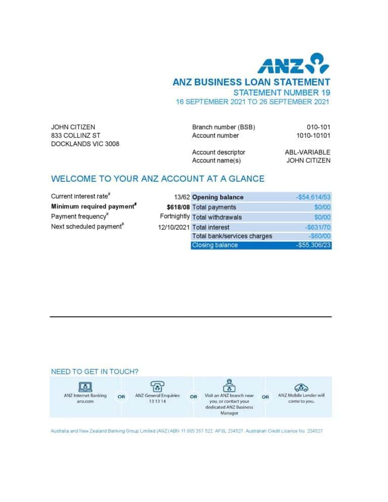 Australia ANZ Proof Of Address Bank Statement Template In .xls And .pdf Format, Fully Editable