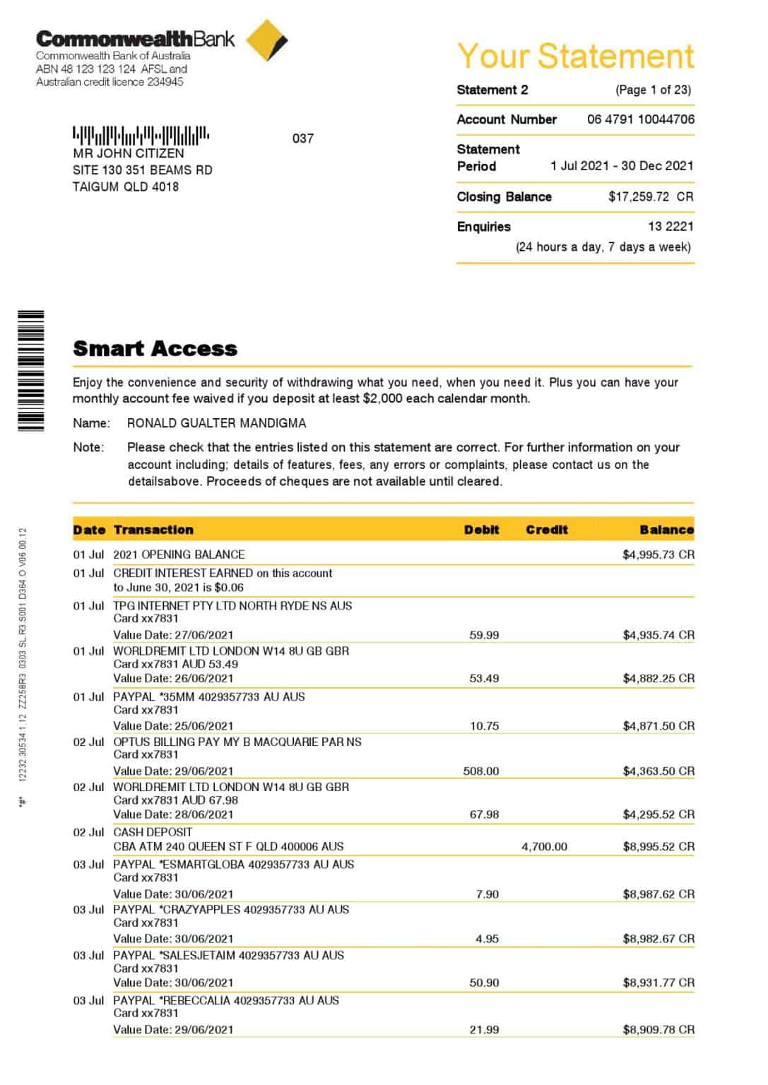 Australia Commonwealth Bank Statement Template In Word And PDF Format ...
