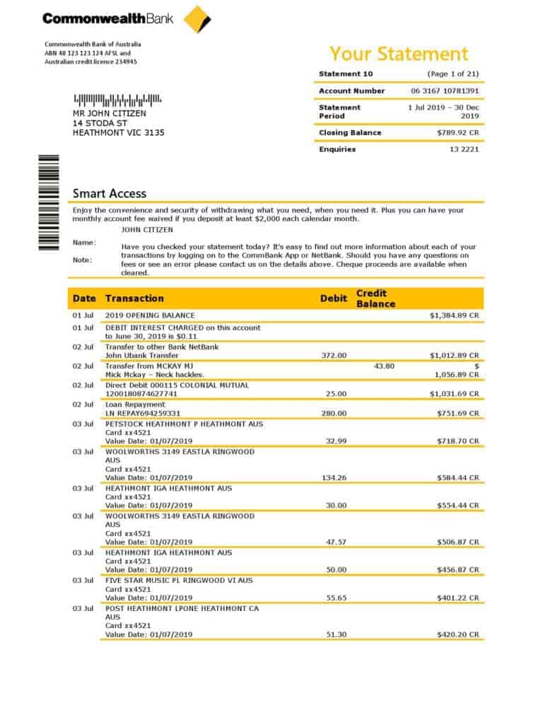 Australia Commonwealth Bank Statement Template In Word And PDF Format ...
