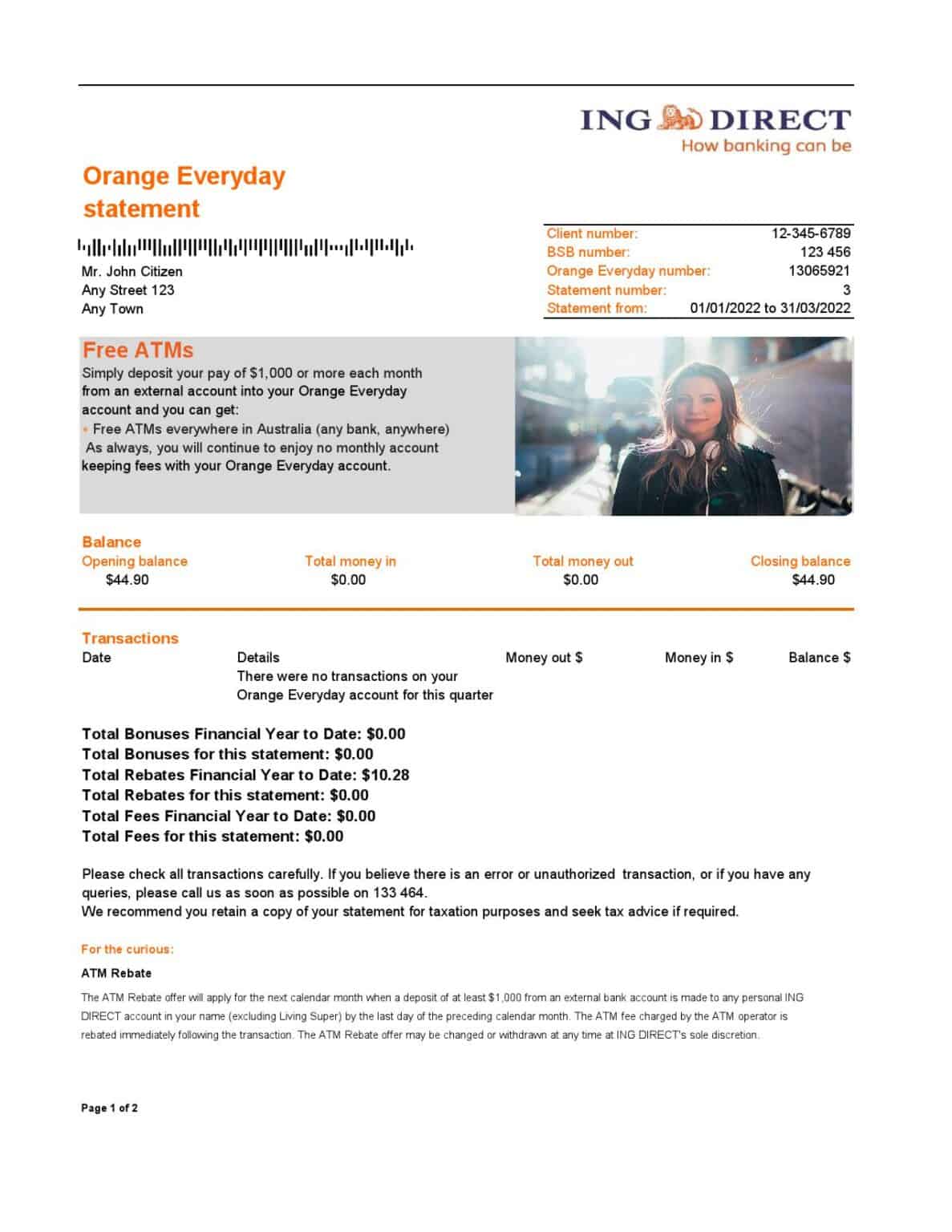 Australia ING Direct Bank Statement, Excel And PDF Template, 2 Pages