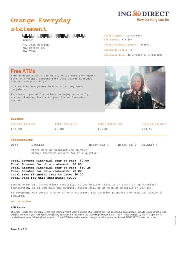 Australia ING Direct Bank Statement, Word And PDF Template, 2 Pages
