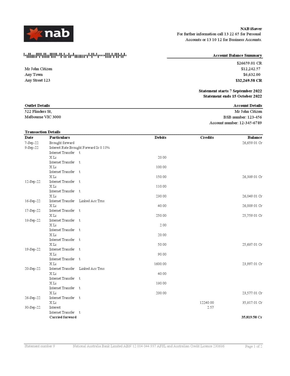Australia NAB Bank Statement, Excel And PDF Template, 2 Pages