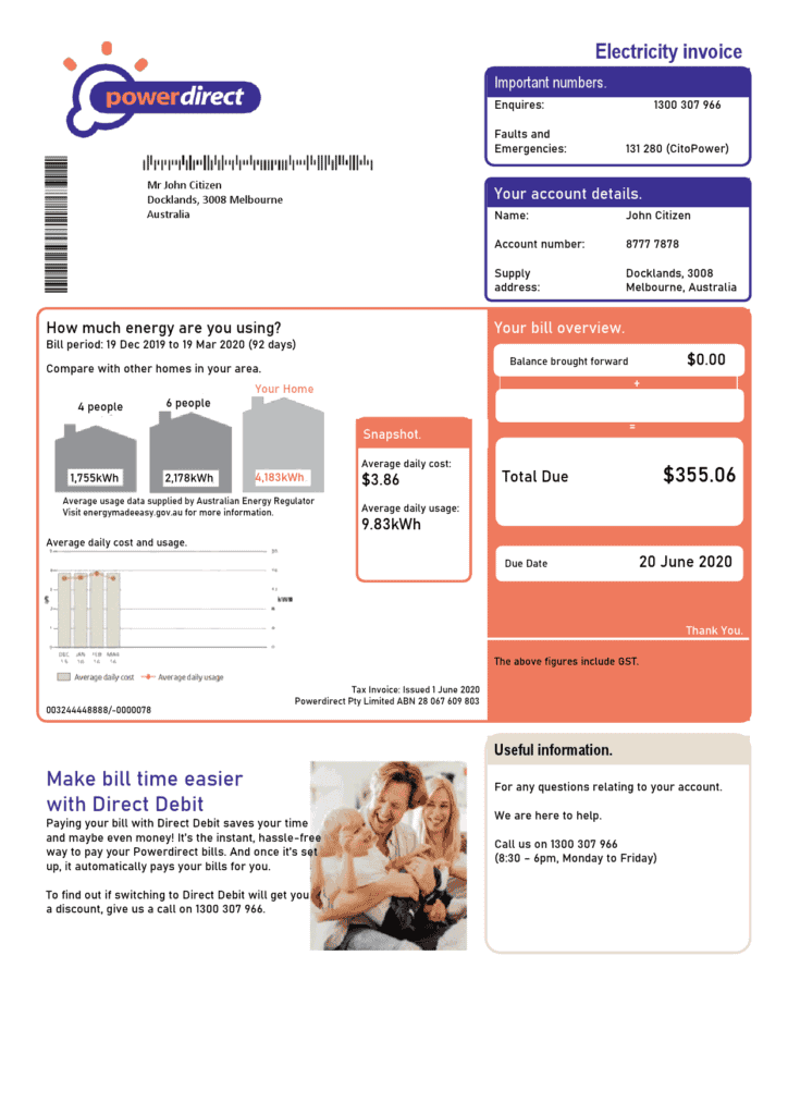 Australia Powerdirect Electricity Utility Bill Template