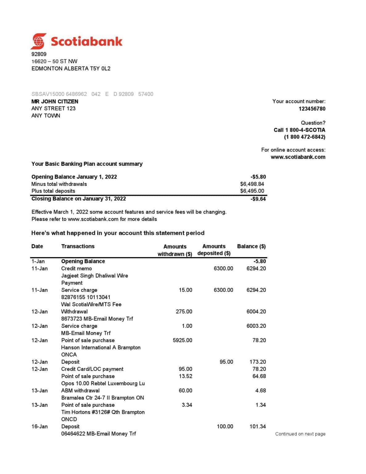 Australia Scotiabank Bank Statement, Excel And PDF Template, 2 Pages