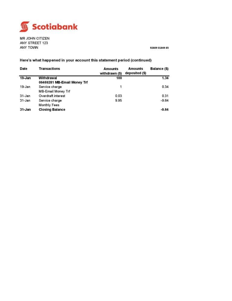 Australia Scotiabank Bank Statement, Excel And PDF Template, 2 Pages