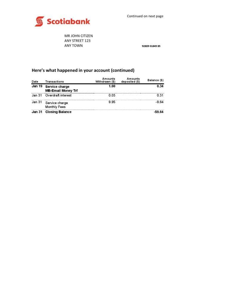Australia Scotiabank Bank Statement, Word And PDF Template, 2 Pages
