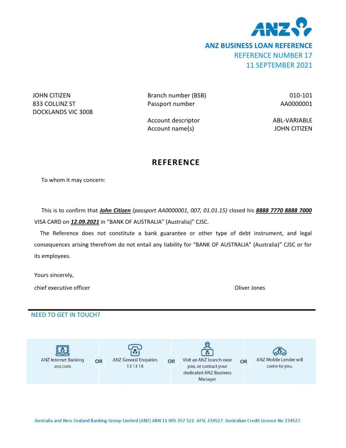 Download Australia ANZ Bank Reference Letter Templates | Editable Word