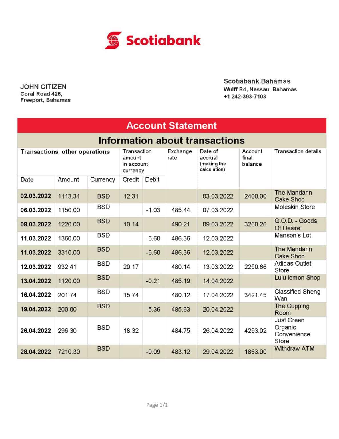 Bahamas Scotiabank Bank Statement Template In Word And PDF Format