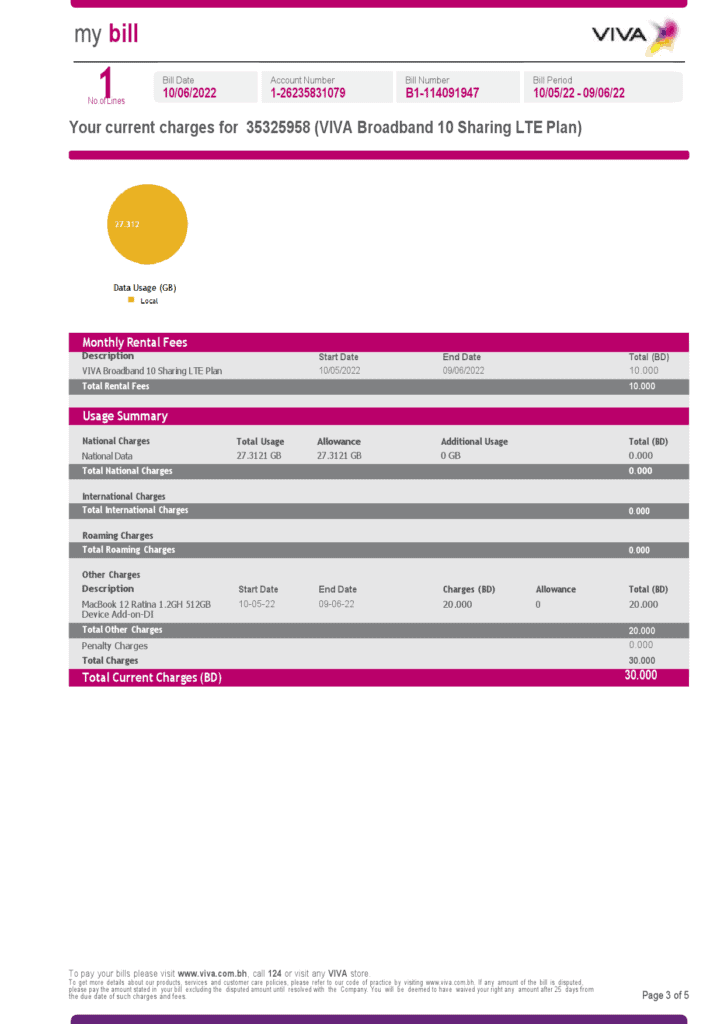 Bahrain Viva My Utility Bill Word And PDF Template, 5 Pages
