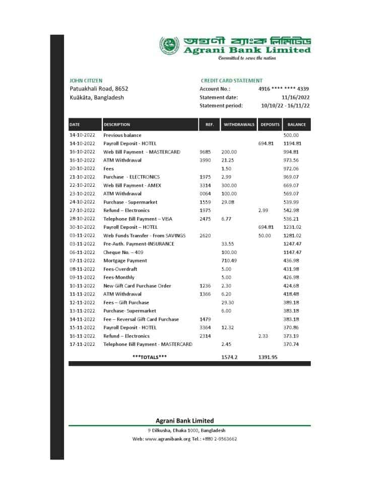 Bangladesh Agrani Bank Statement Template In Excel And PDF Format