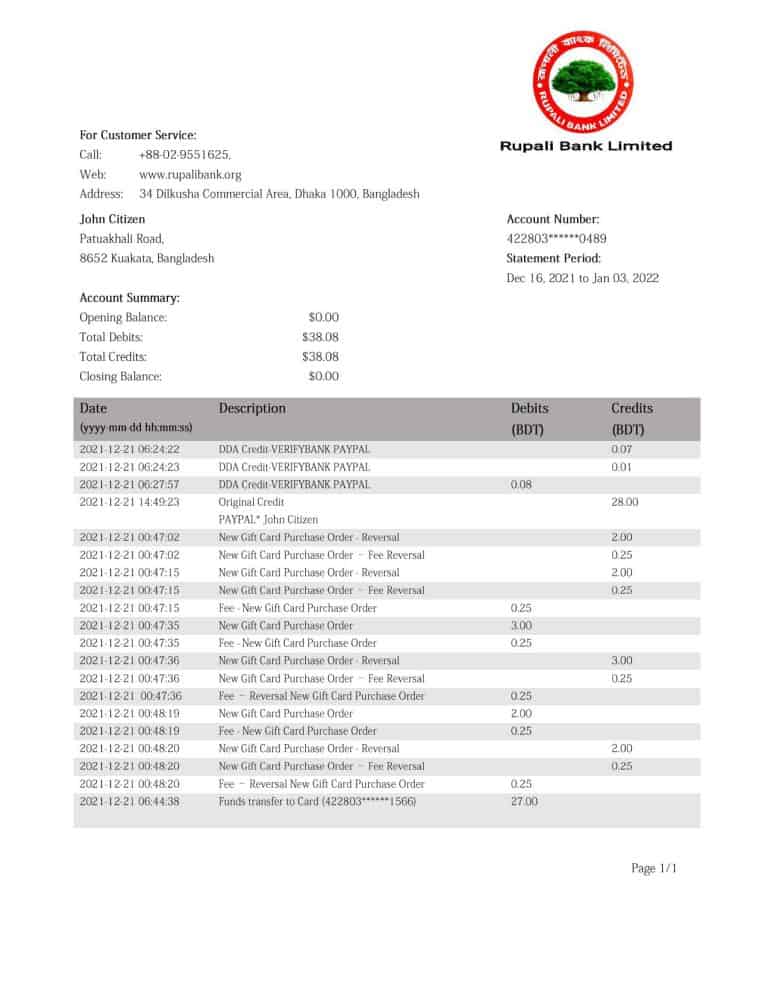 Bangladesh Rupali Bank Statement Template In Word And PDF Format