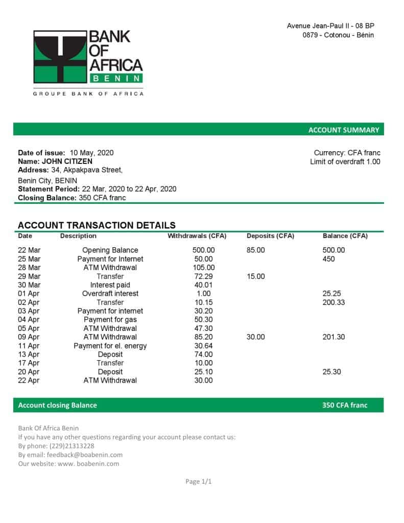 Benin Bank Of Africa Bank Statement Template