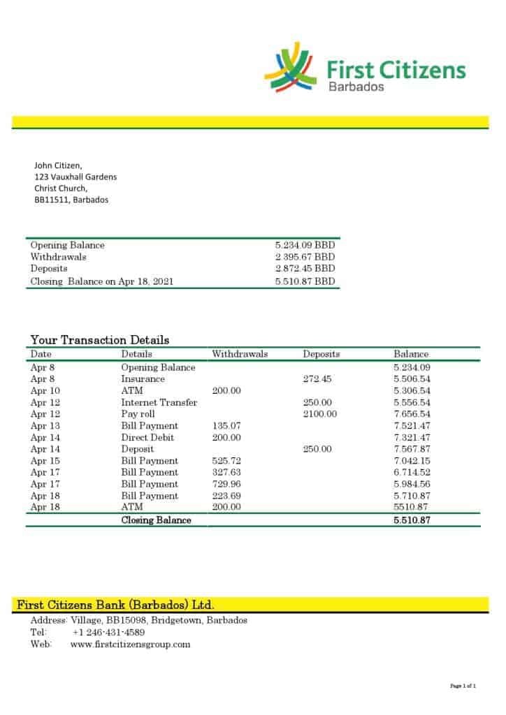 Barbados First Citizens Bank Statement Template In .doc And .pdf Format