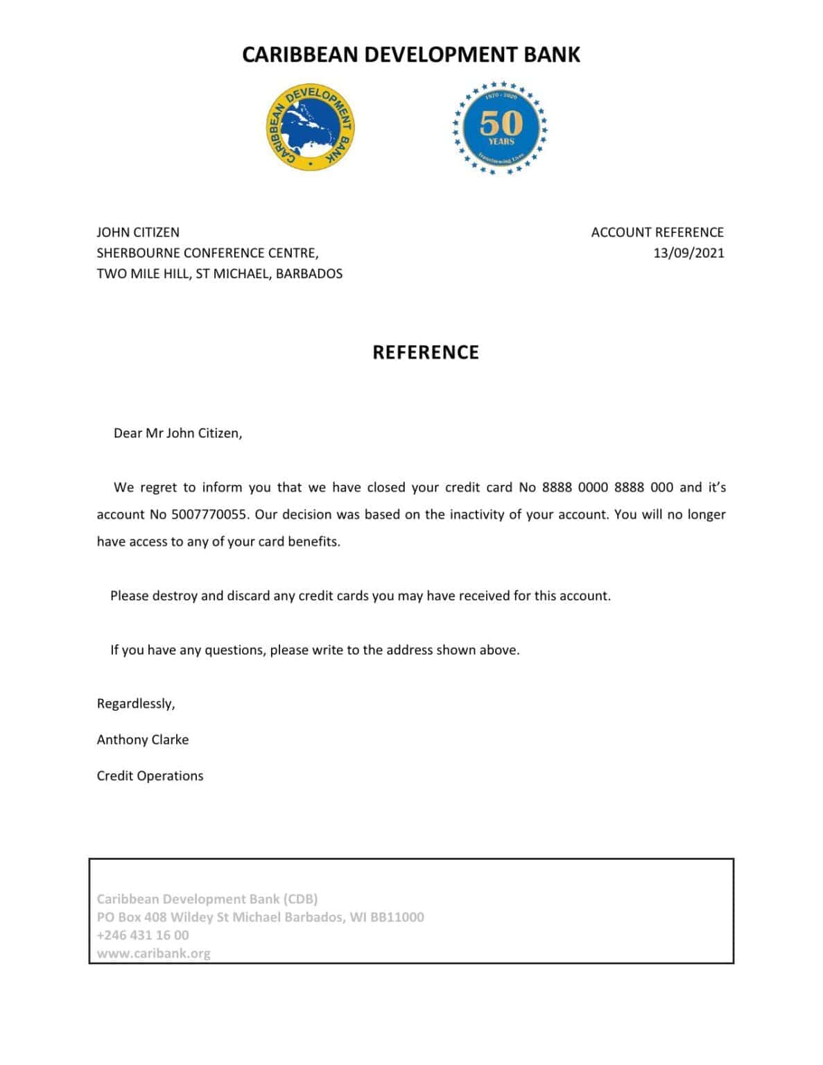 Barbados Caribbean Development Bank Reference Templates