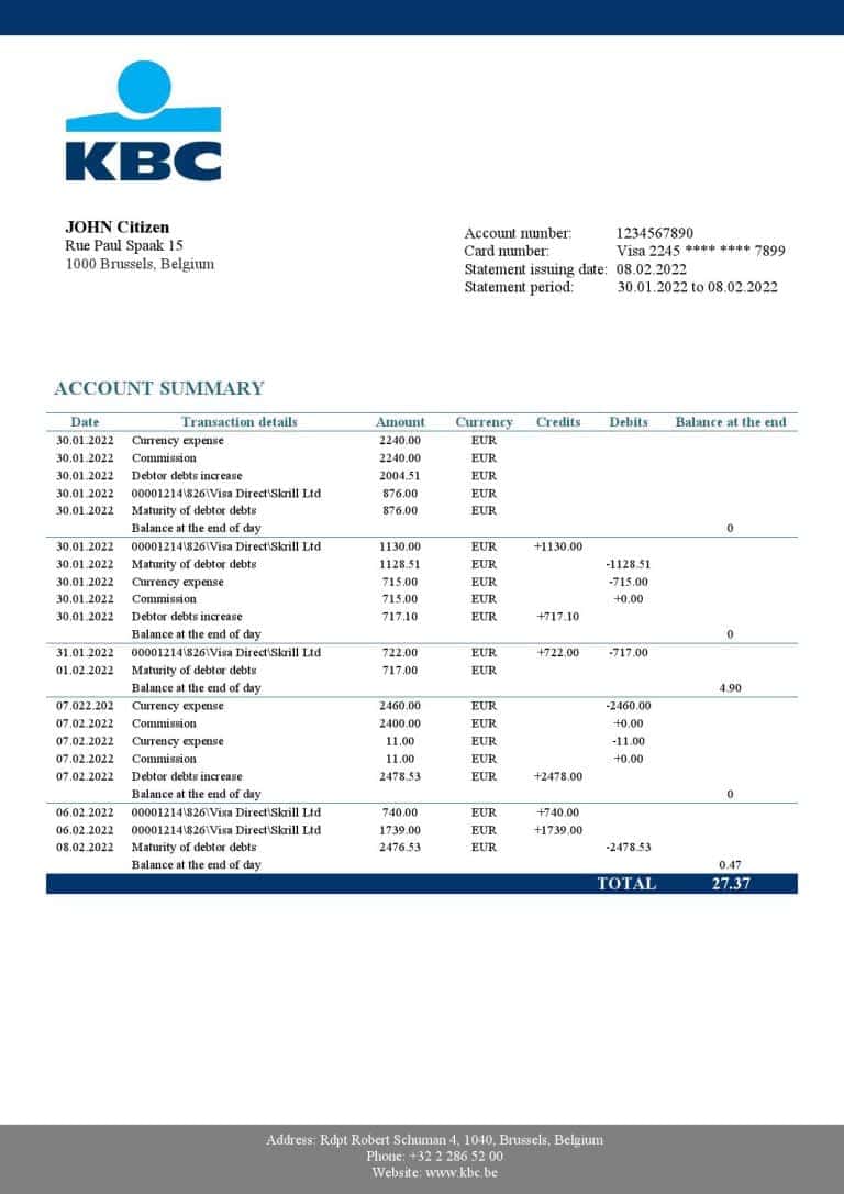 Belgium KBC Bank Statement Template In Word And PDF Format | Mr. Verify