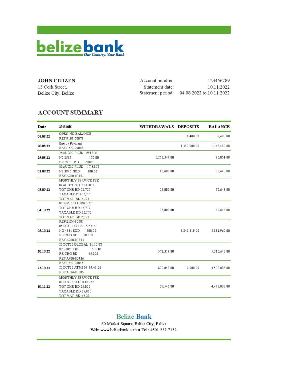 Belize Bank Statement Template In Excel And PDF Format, Fully Editable