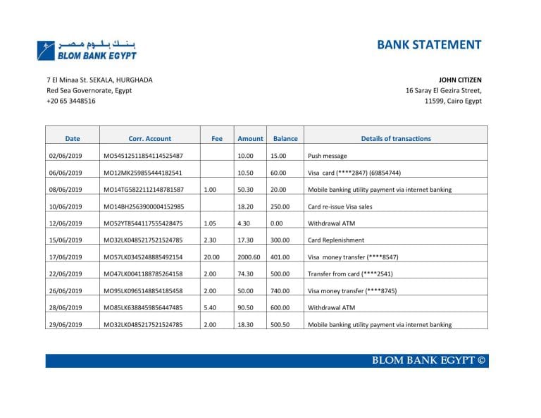 Egypt Blom Bank Of Egypt Proof Of Address Statement Template In Word ...
