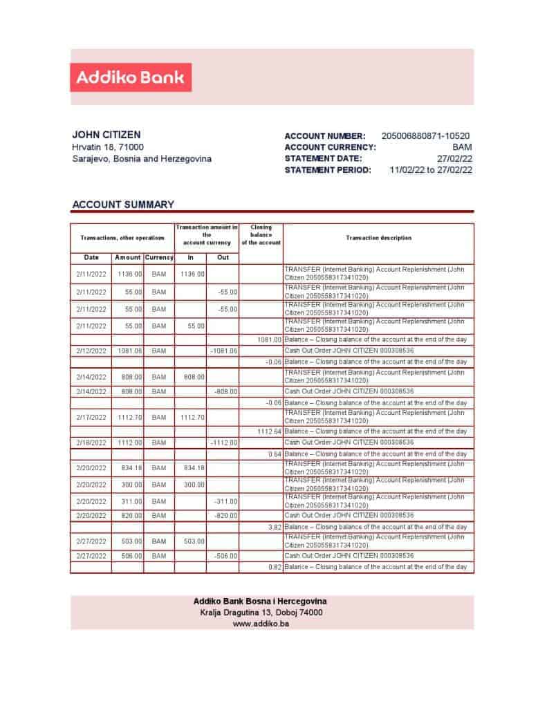 Bosnia And Herzegovina Addiko Bank Statement Template In Excel And PDF ...