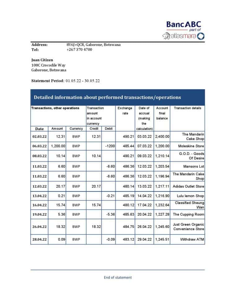 Botswana Bank ABC Bank Statement Template In Excel And PDF Format