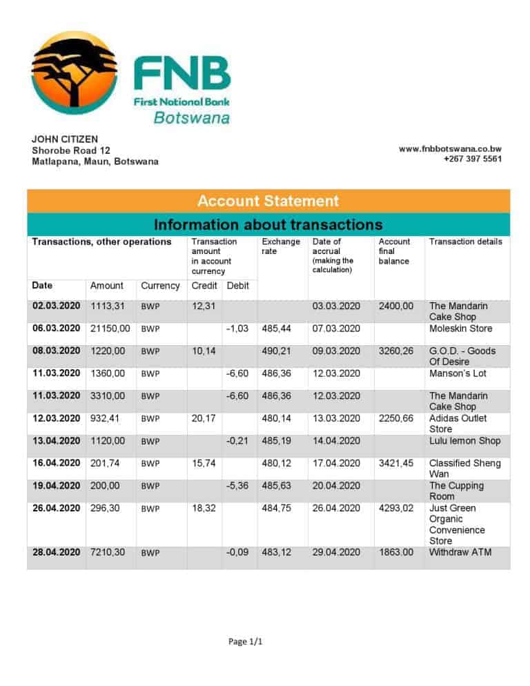 Botswana FNB Of Botswana Bank Statement Template In .xls And .pdf File Format, Fully Editable ...