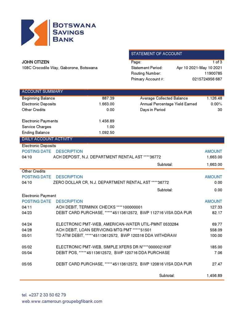 Botswana Savings Bank Statement Template In Word And PDF Format