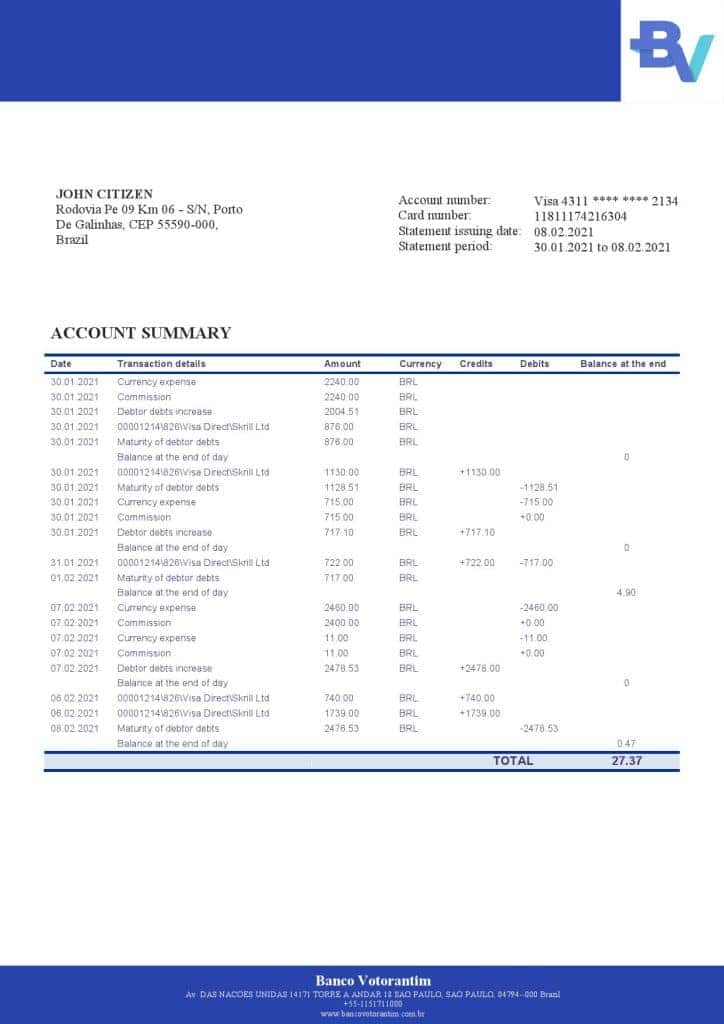 Brazil Banco Votorantim Bank Statement Template In Word And PDF Format