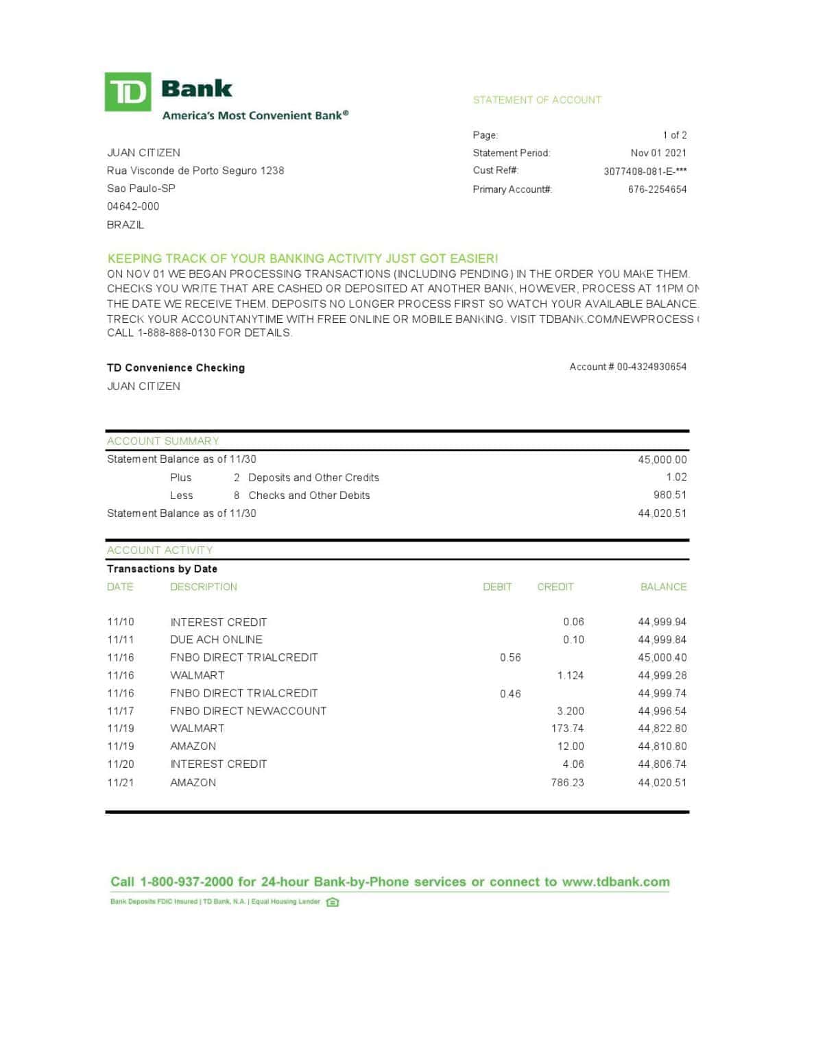 Brazil TD Bank Statement Easy To Fill Template In Excel And PDF Format
