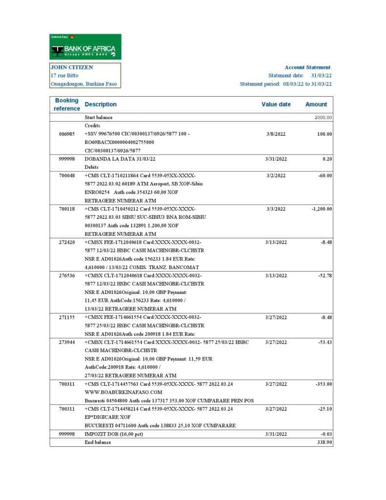 Burkina Faso Bank Of Africa Bank Statement Excel And PDF Template ...
