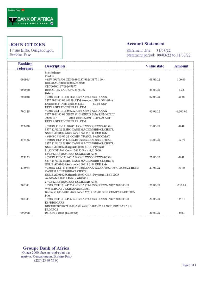 Burkina Faso Bank Of Africa Bank Statement Template In Word And PDF Format
