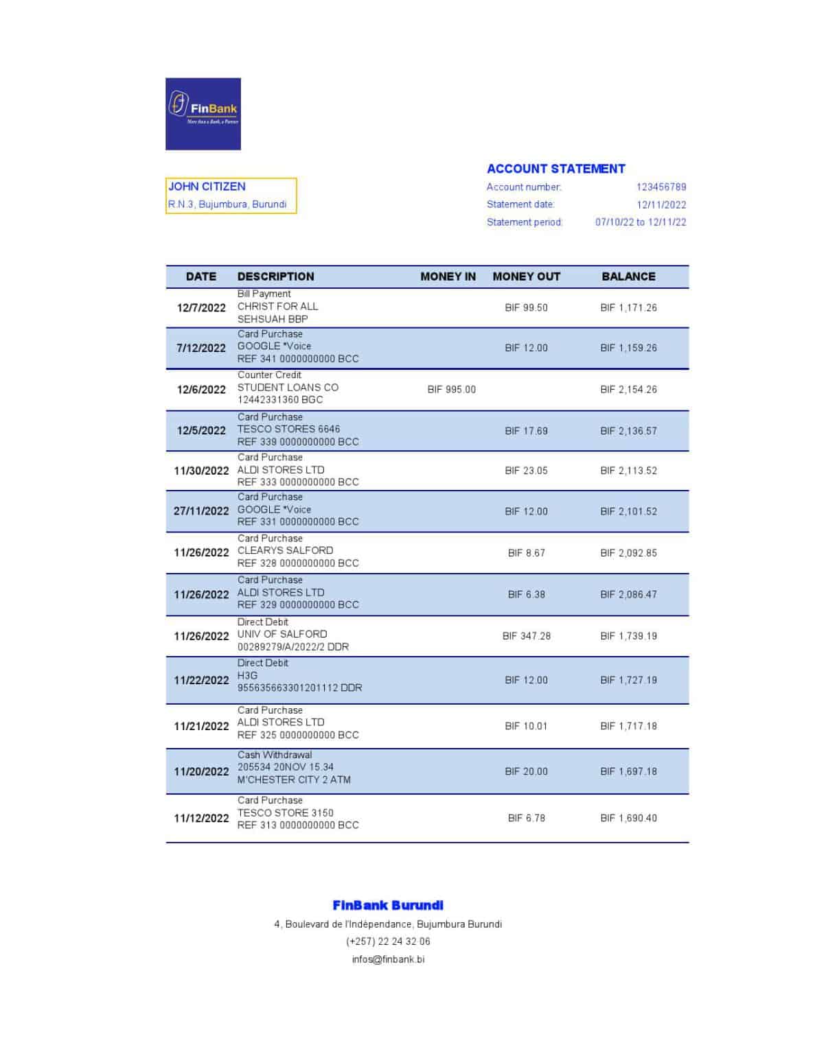 Burundi Finbank Bank Statement Excel And PDF Template, Fully Editable (AutoSum)