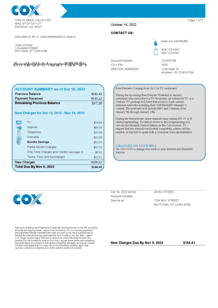 USA COX Utility Bill Template In Word And PDF Format