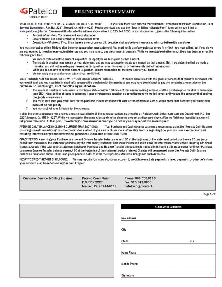 USA California Patelco Bank Card Statement, Word And PDF Template, 2 Pages