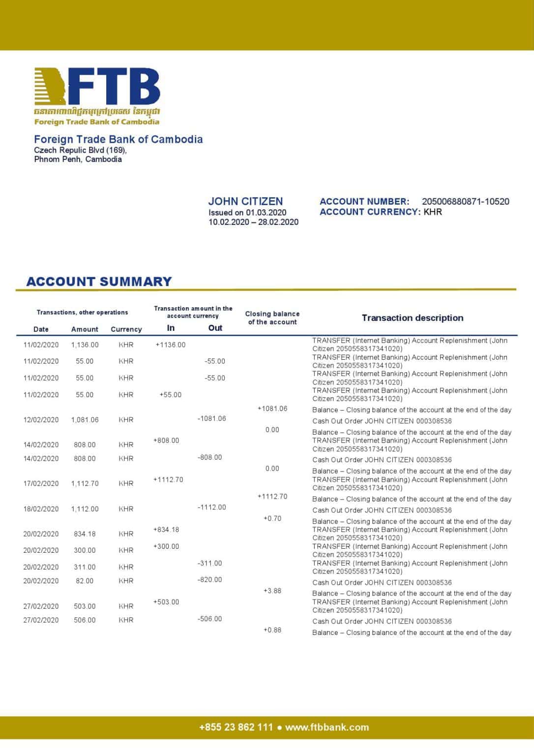Cambodia Foreign Trade Bank Of Cambodia Bank Statement Template In Word ...