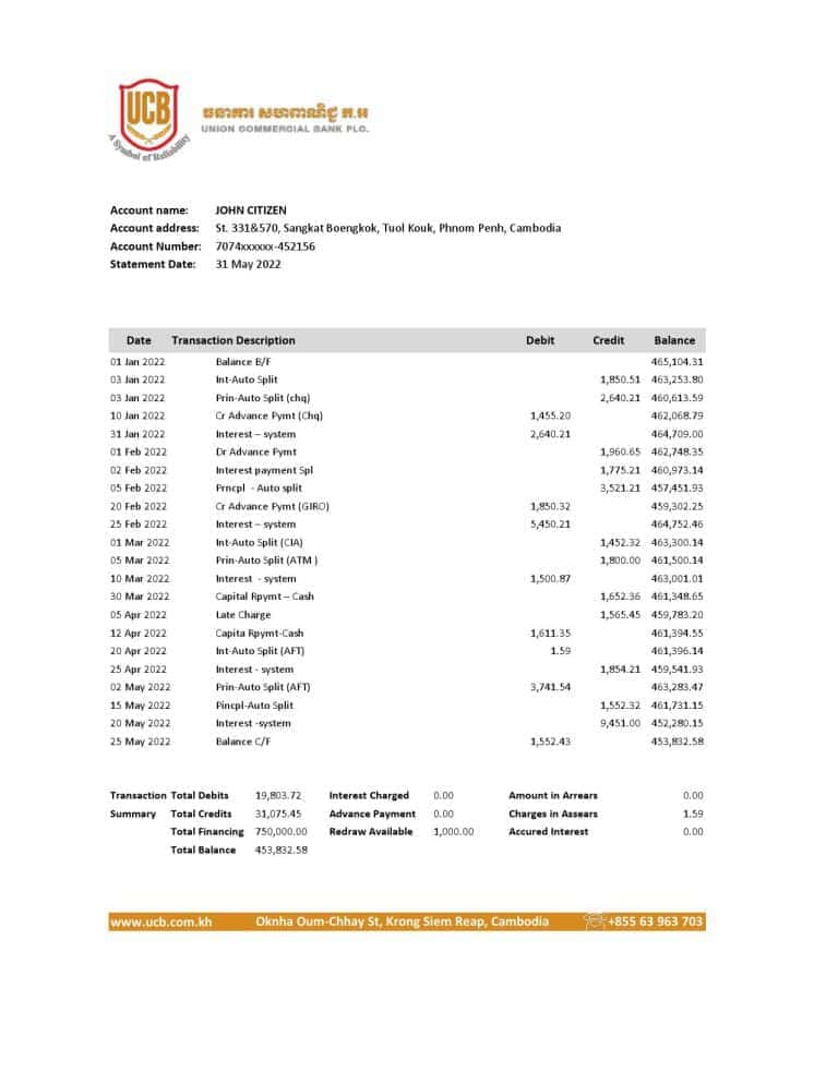 Cambodia Union Commercial Bank Statement Excel And PDF Template, Fully ...