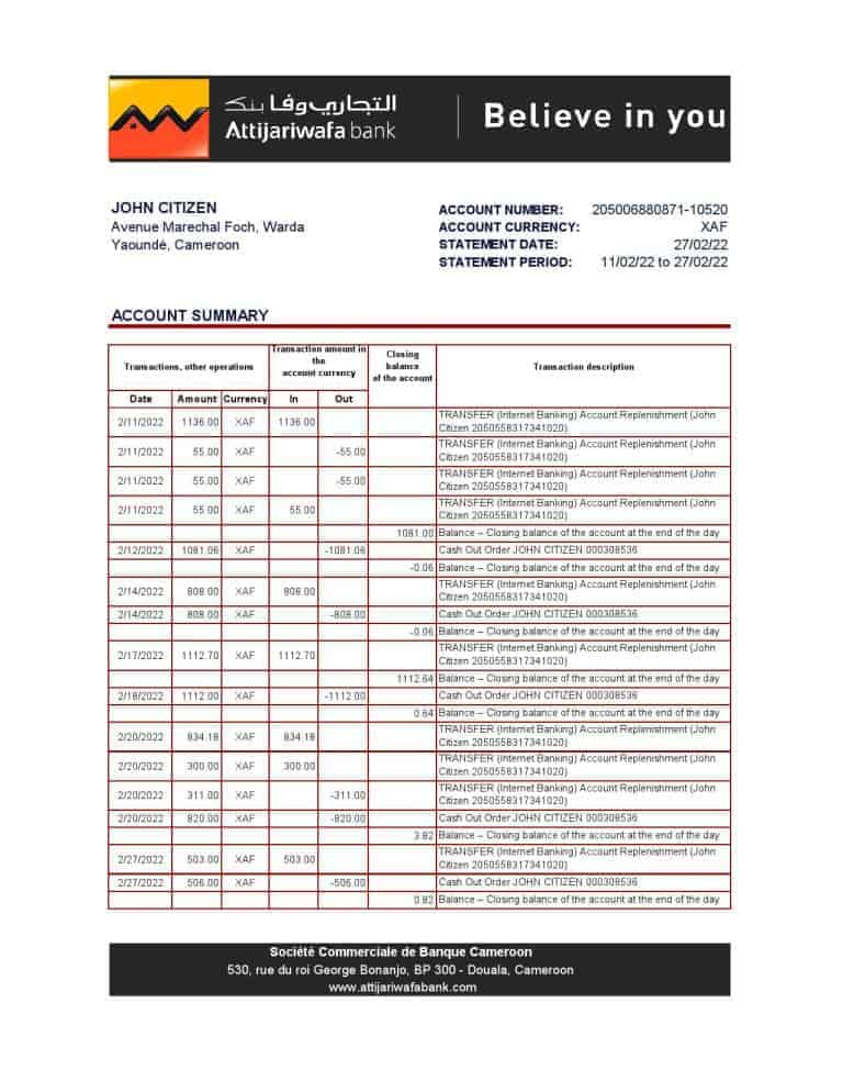 Cameroon SCB Bank Statement Excel And PDF Template, Fully Editable ...