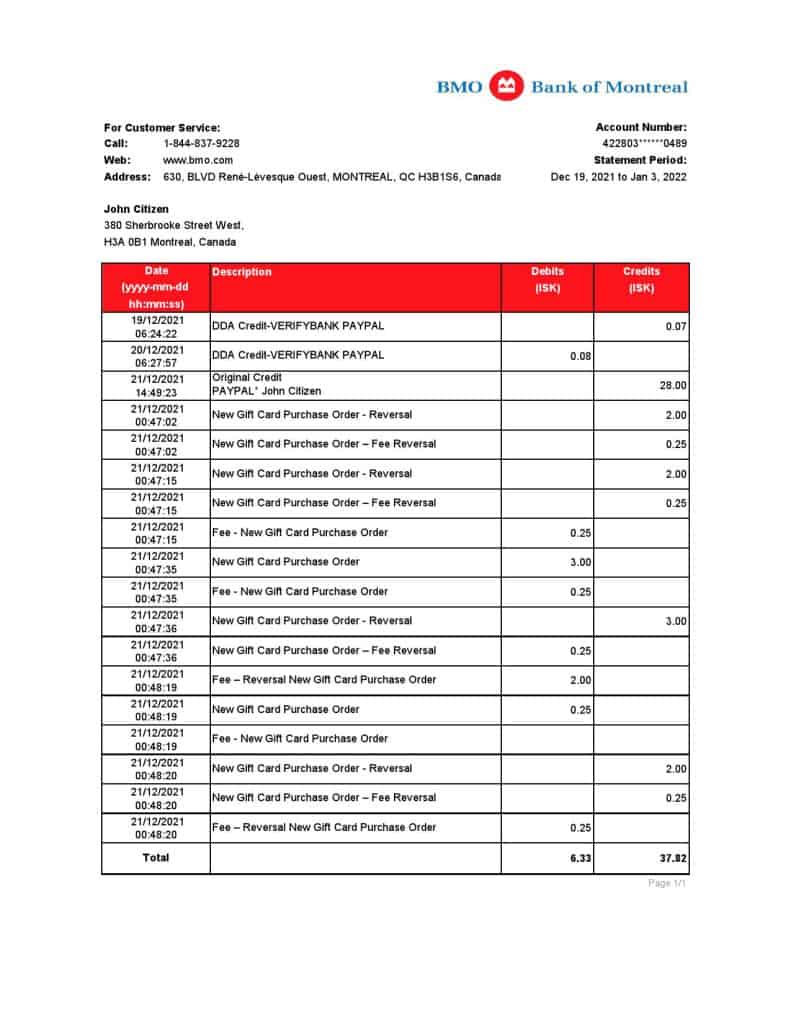 Canada Bank Of Montreal Bank Statement Excel And PDF Template (AutoSum)
