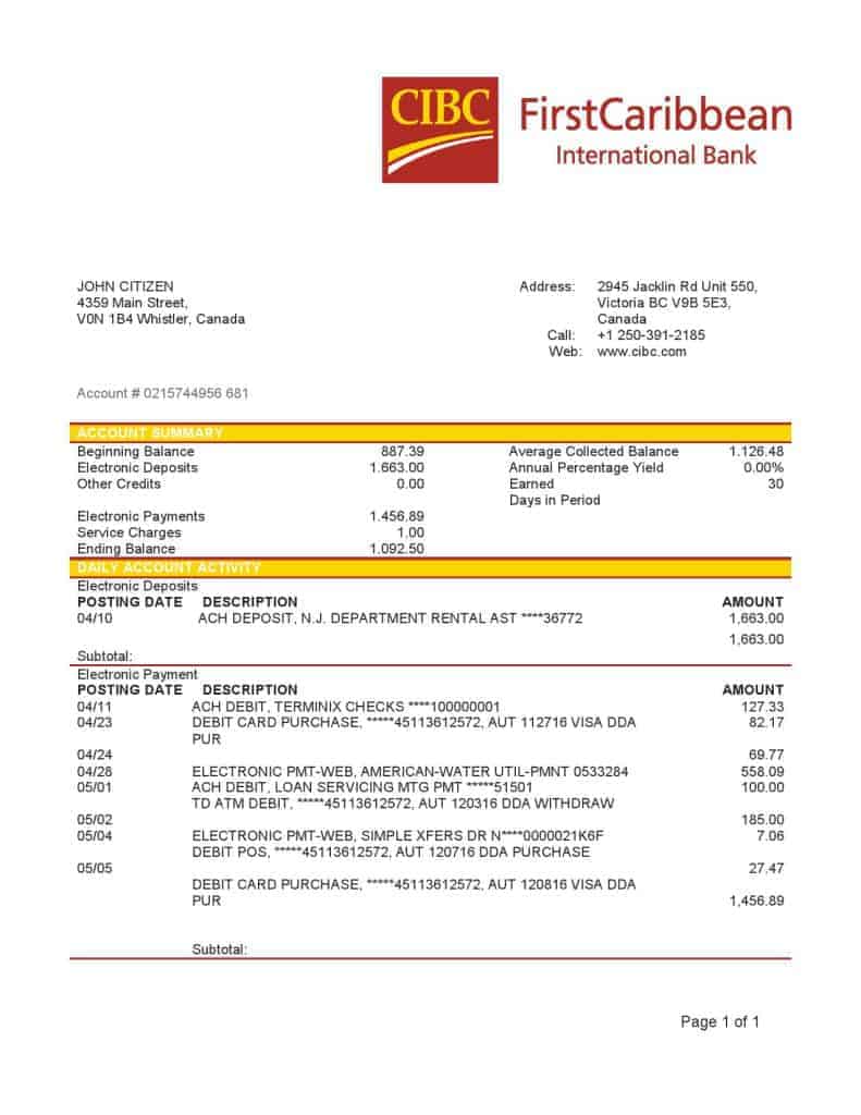 Canada CIBC Bank Statement Template In Word And PDF Format (.doc And .pdf)