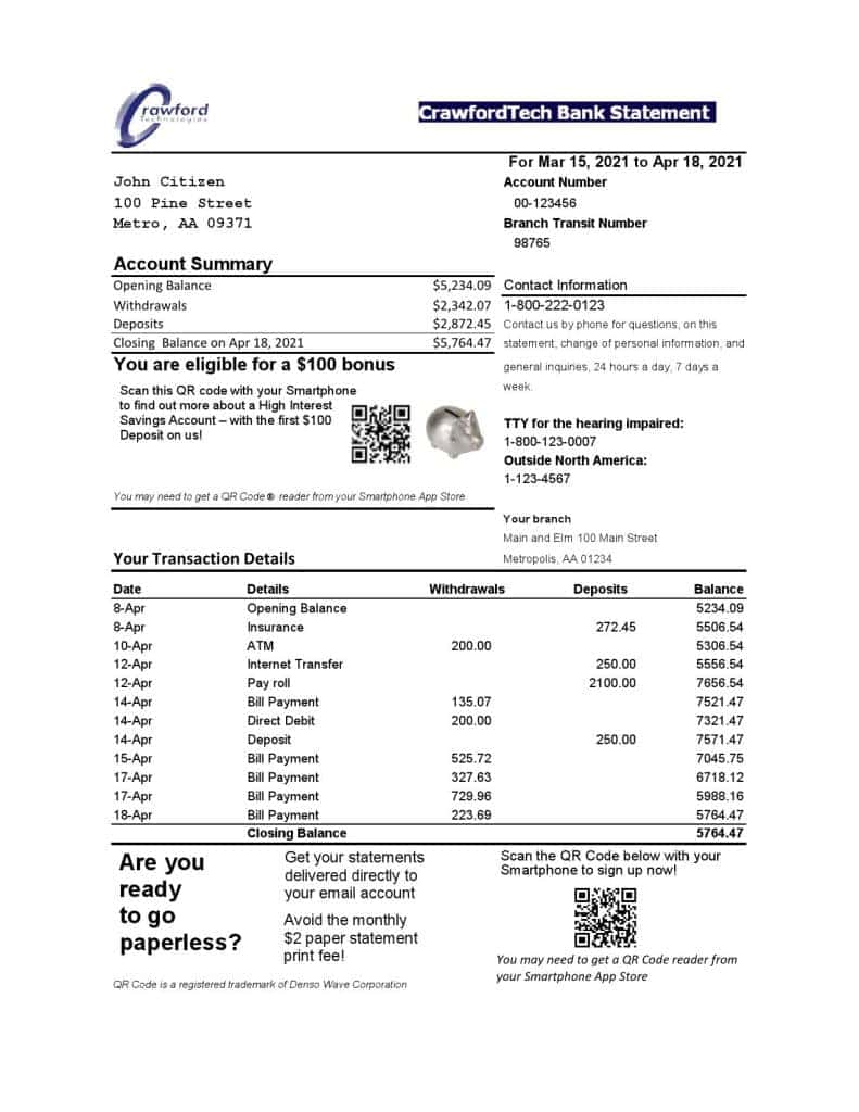 Canada CrawfordTech Bank Statement Easy To Fill Template In Excel And ...